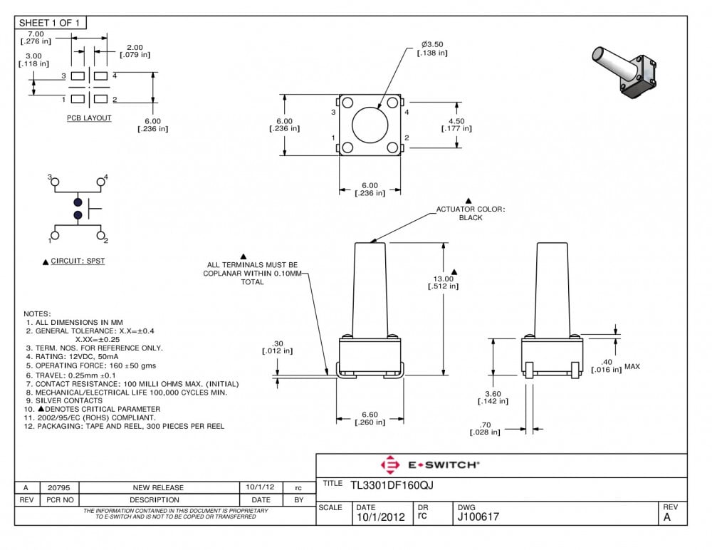 E-Switch TL3301DF160QJ technical drawing page 1