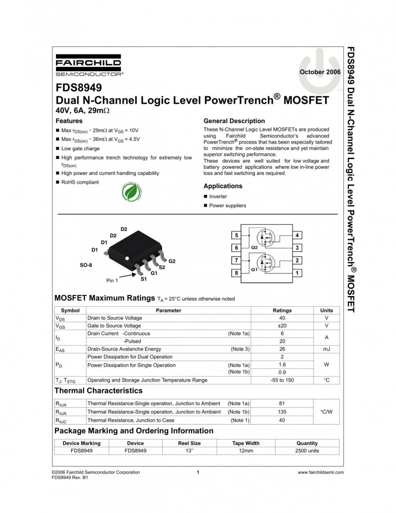 FDS8949 datasheet page 1