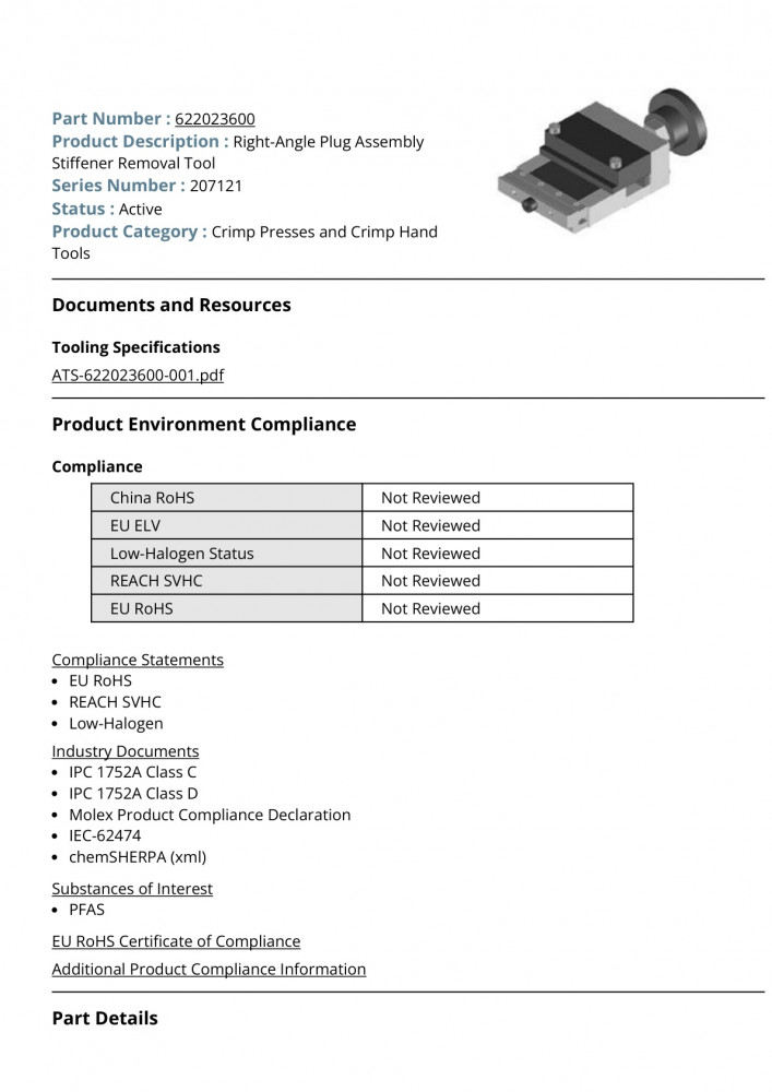 Tooling documentation page 1 for MOLEX 622023600