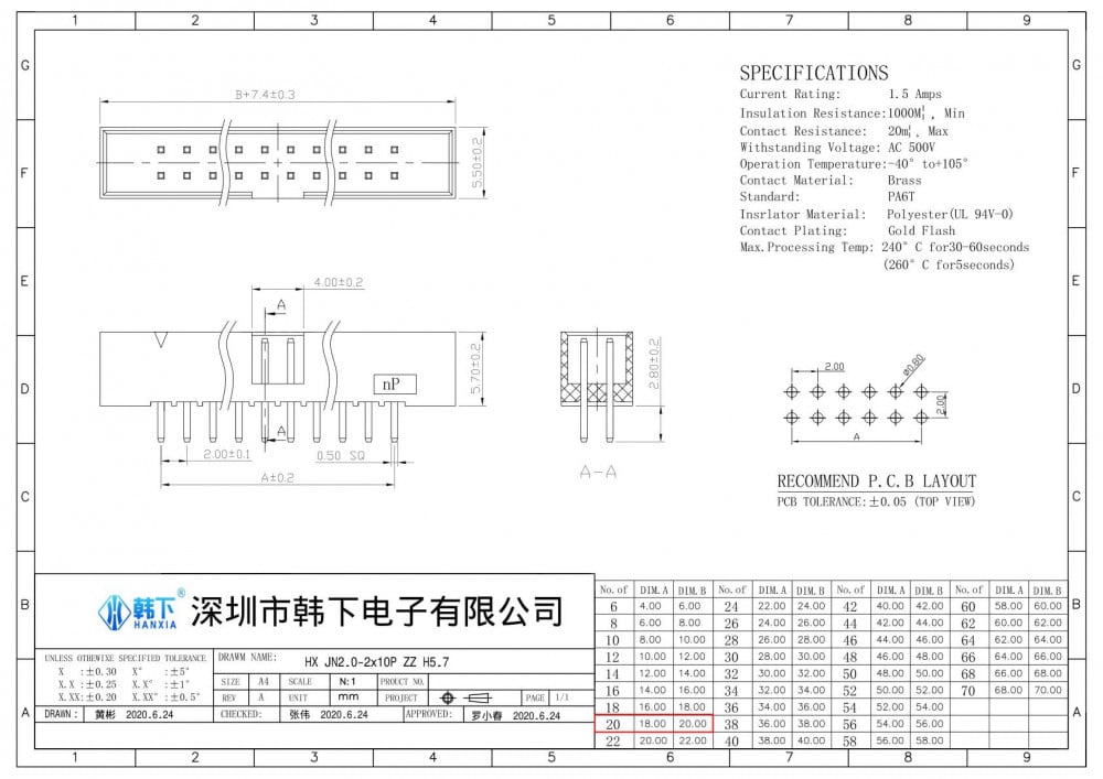 HX JN2.0-2x10P ZZ H5.7 technical drawing