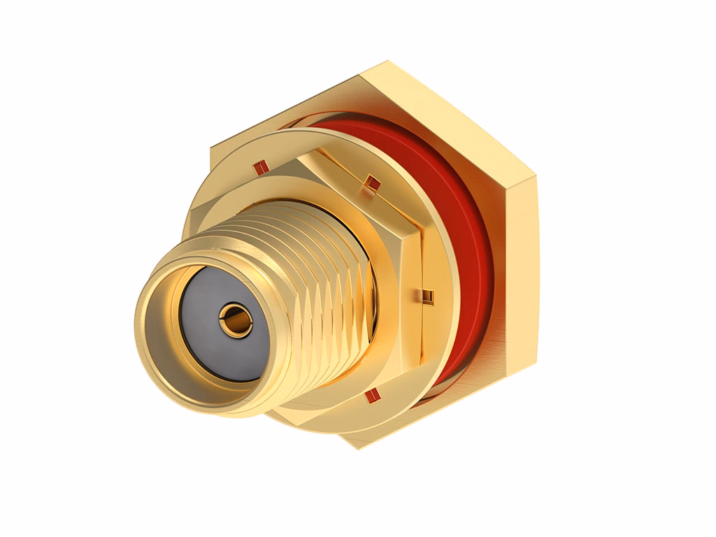 SMA Jack, Straight, 4-Hole Flange Mount, Candlestick Contact, 10.15mm Length, Stainless Steel Body, Passivated, One Piece Per Bag, 50 Ohms