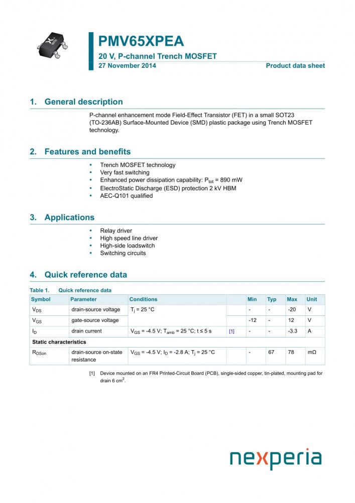 PMV65XPEAR datasheet page 1