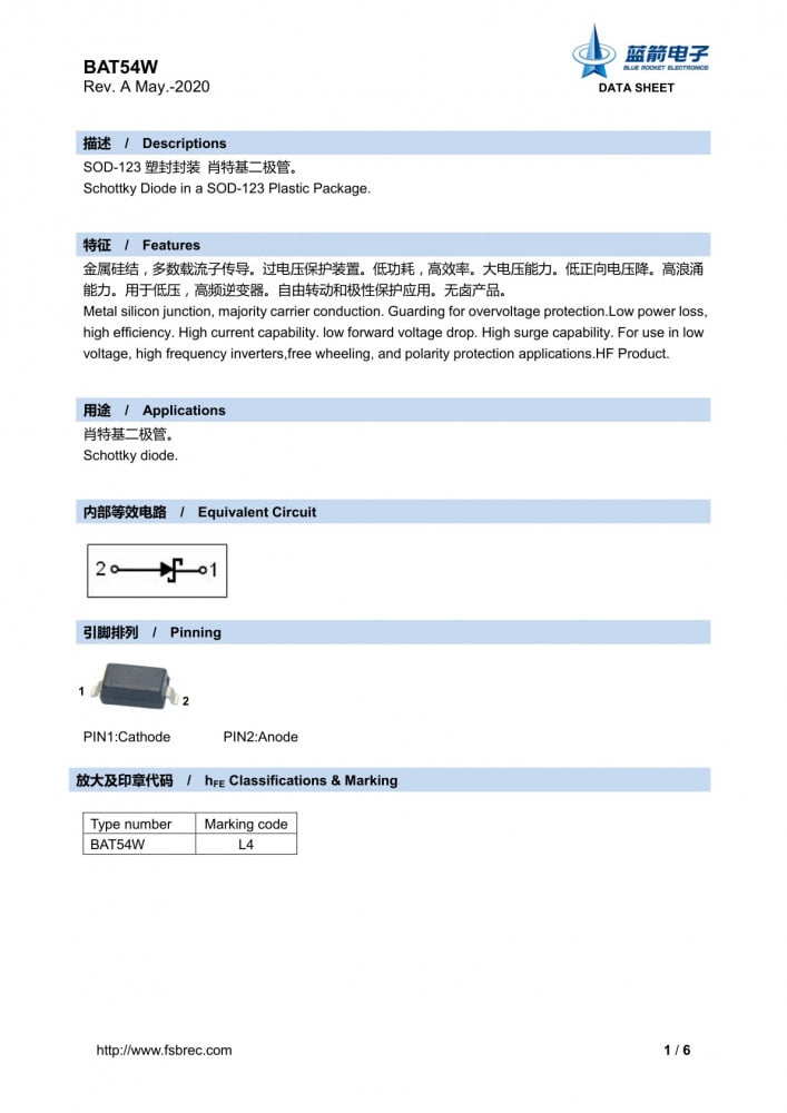 BAT54W datasheet page 1