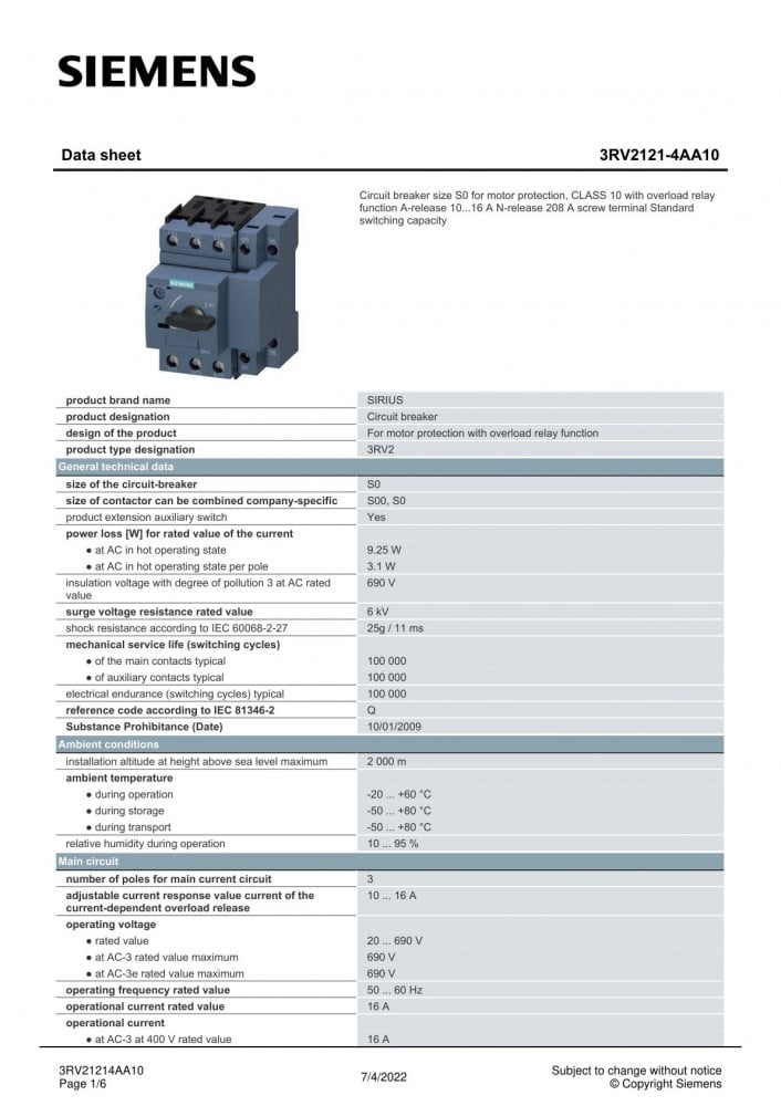 3RV21214AA10 datasheet page 1