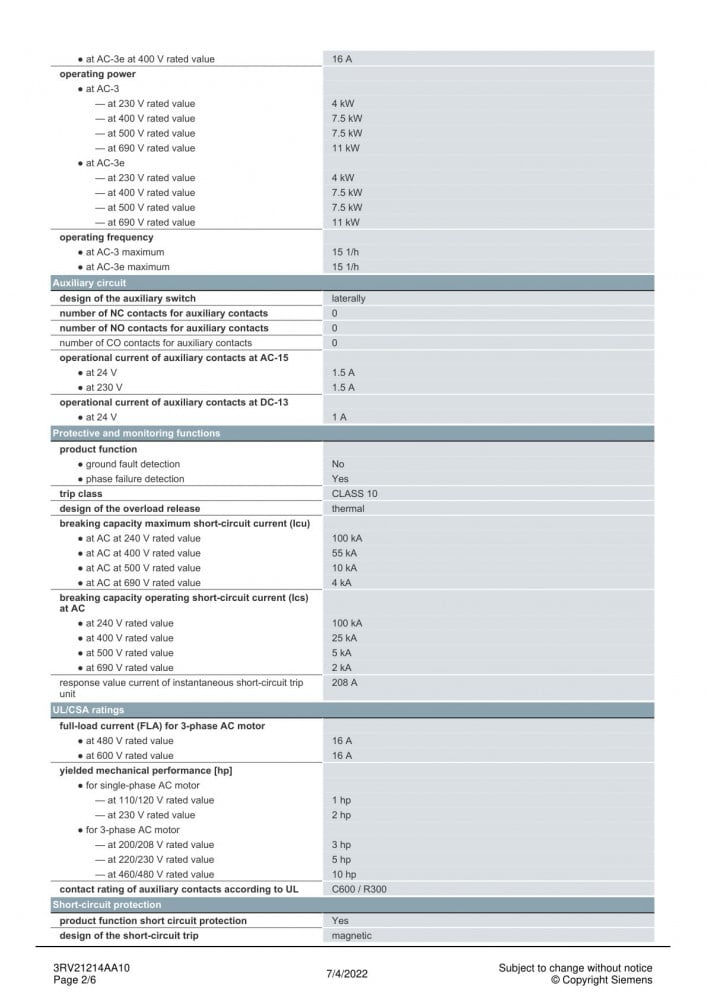 3RV21214AA10 datasheet page 2