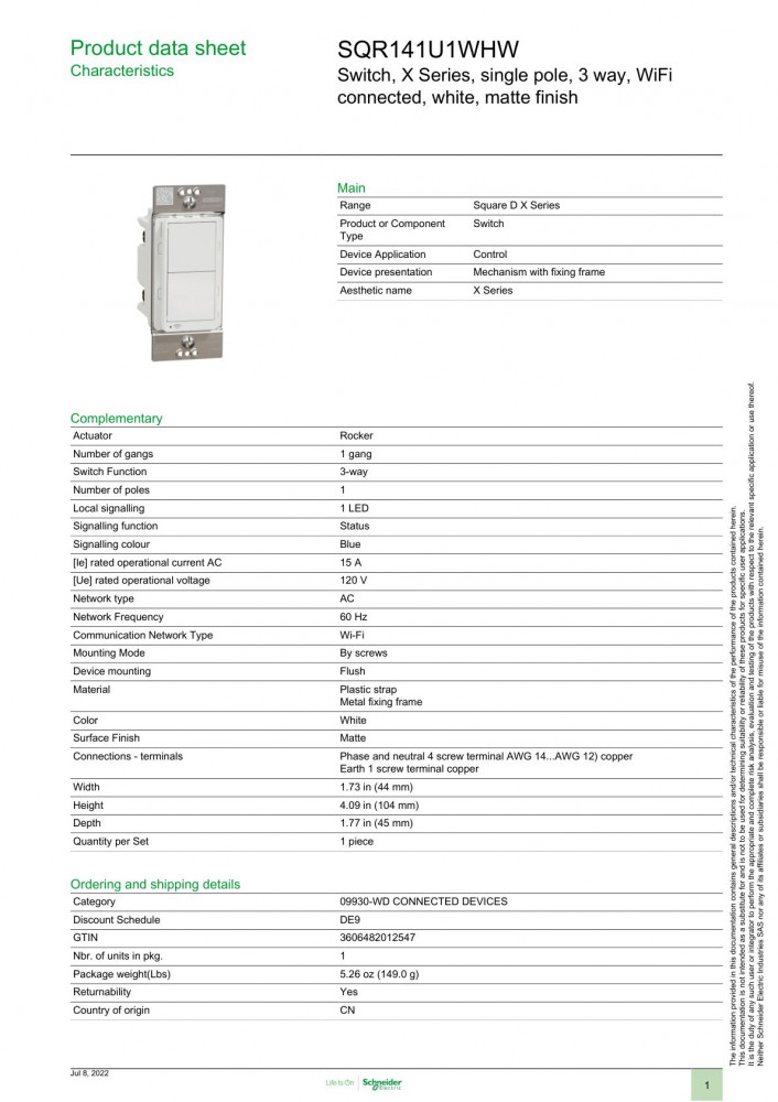 SQR141U1WHW technical document page 1
