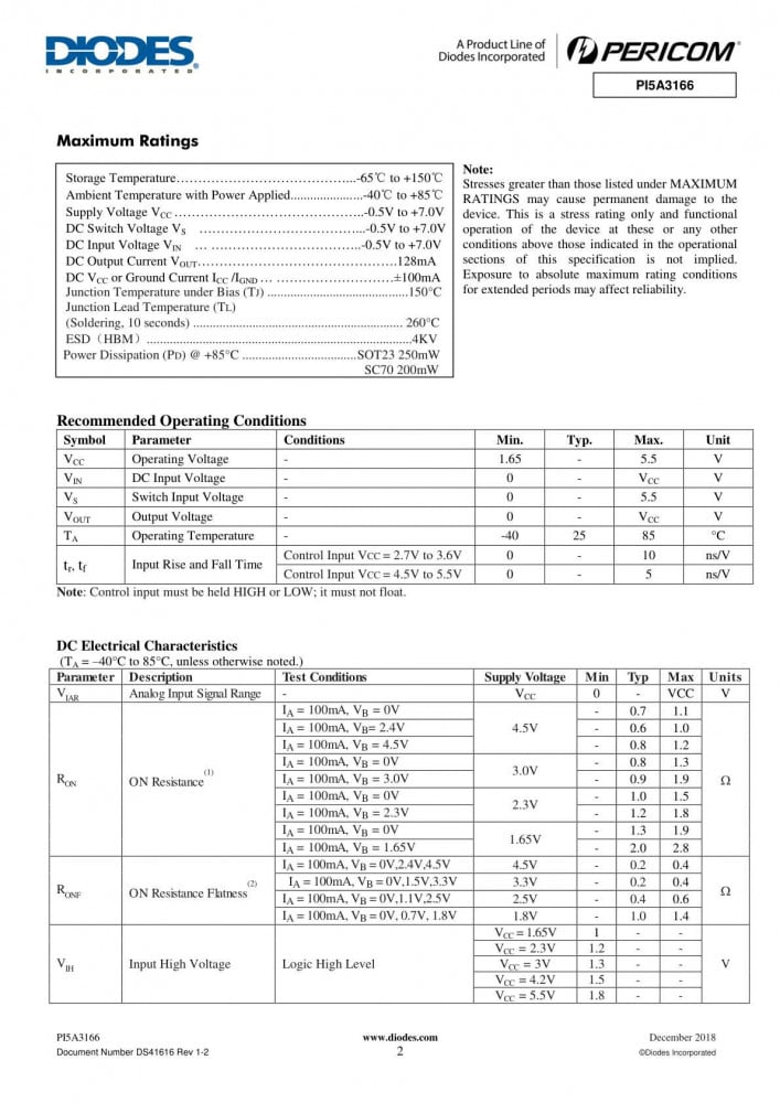 PI5A3166CEX datasheet page 2