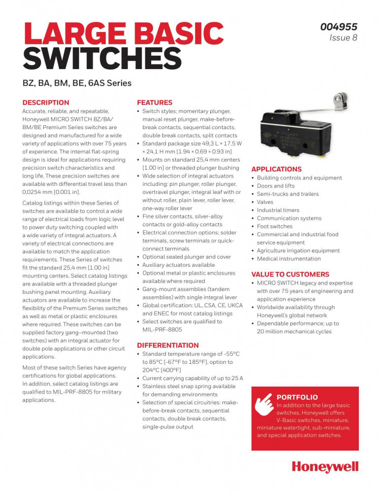 Honeywell switch datasheet page 1