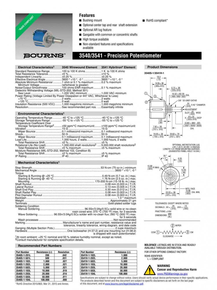 BOURNS 3540S-1-104L datasheet page 1