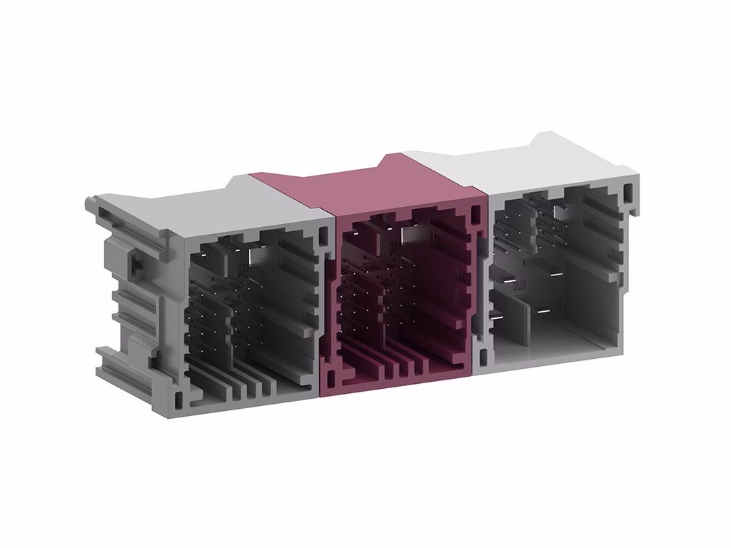 stAK50h 3 Bay Vertical Hybrid Header, 87 Circuits, Bay 1: 32 Circuits/Key 4/Purple; Bay 2: 28 Circuits/Key 1/Dark Gray; Bay 3: 27 Circuits/Key 1/Black; Tube
