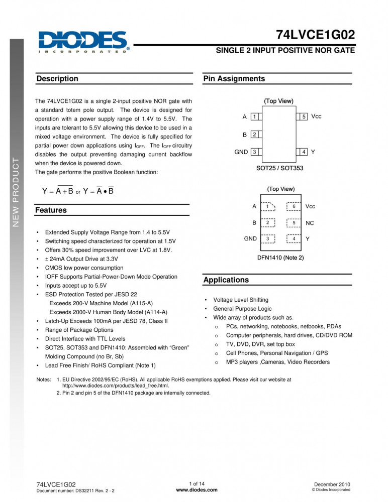 74LVCE1G02SE-7 datasheet page 1