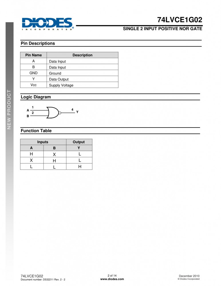 74LVCE1G02SE-7 datasheet page 2