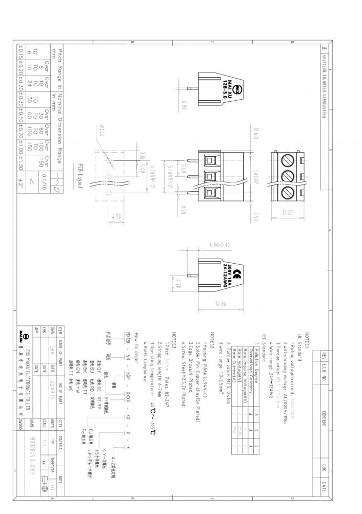 MX128-5.0 terminal block technical drawing