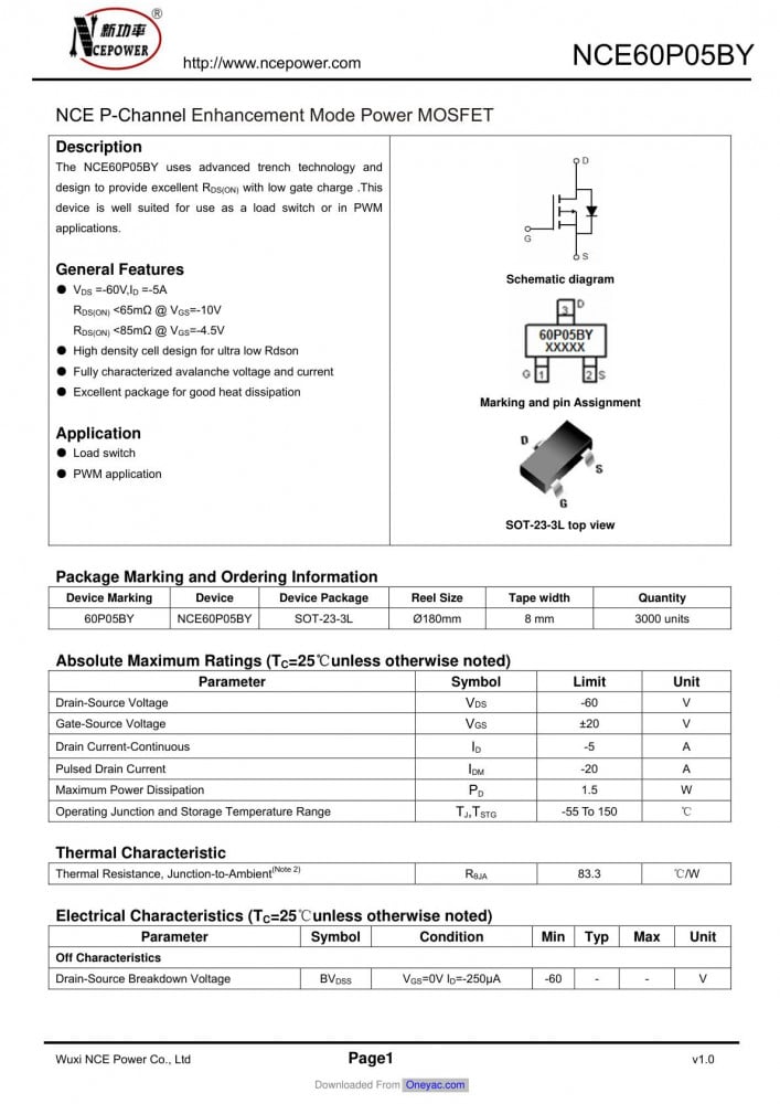 NCE60P05BY datasheet page 1
