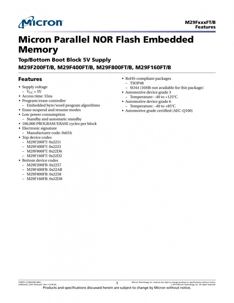 M29F160FT55N3E2 datasheet page 1