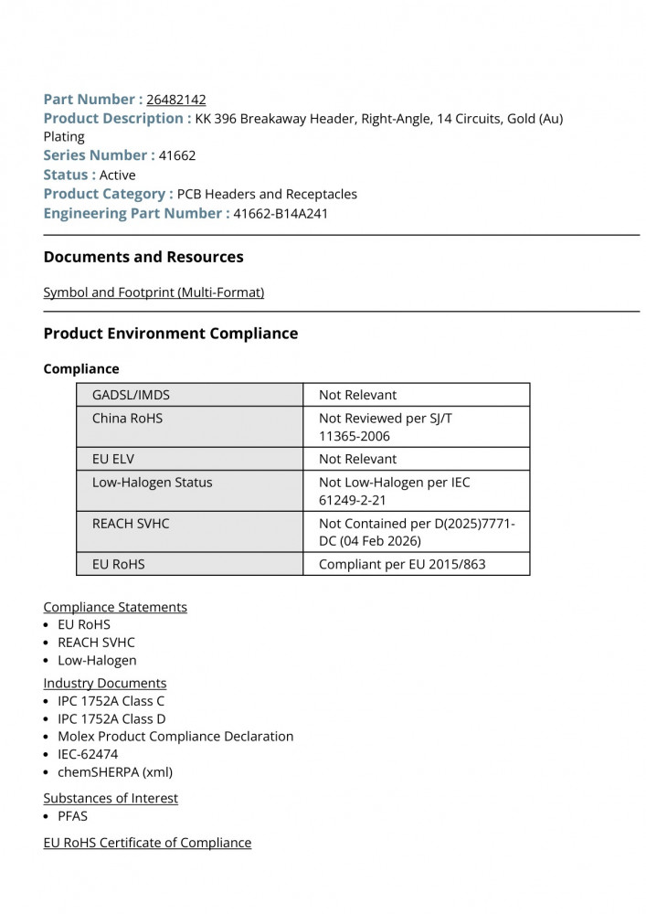 Technical document image 1 for MOLEX 26482142
