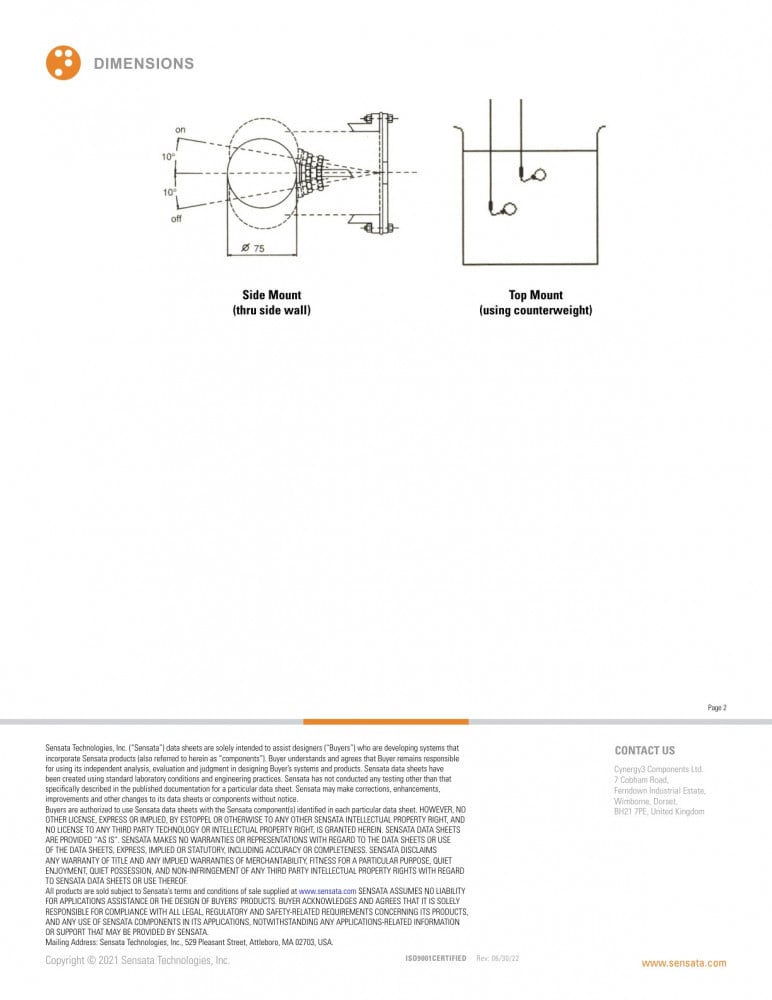 MC Series float switch technical documentation page 2