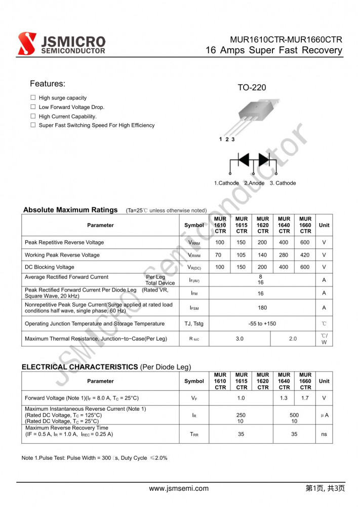 MUR1620CTRG datasheet page 1