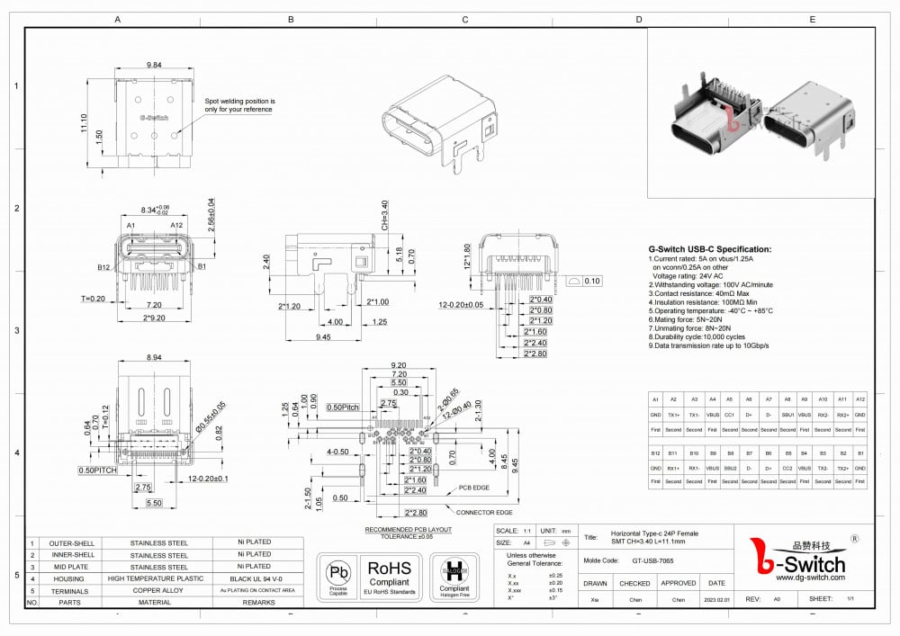 GT-USB-7065 technical drawing page 1