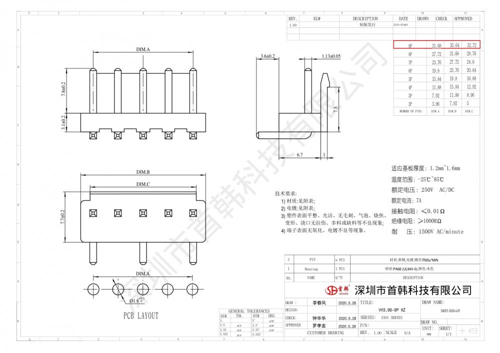 VH3.96-9P WZ specification page 1