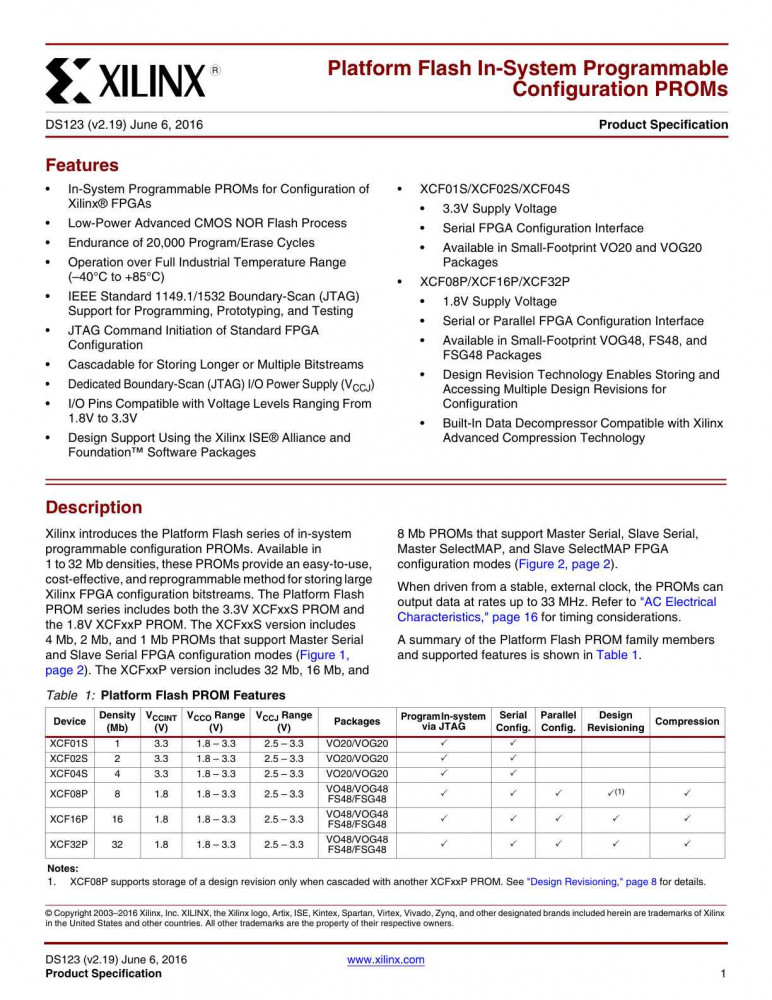 XCF08P datasheet page 1