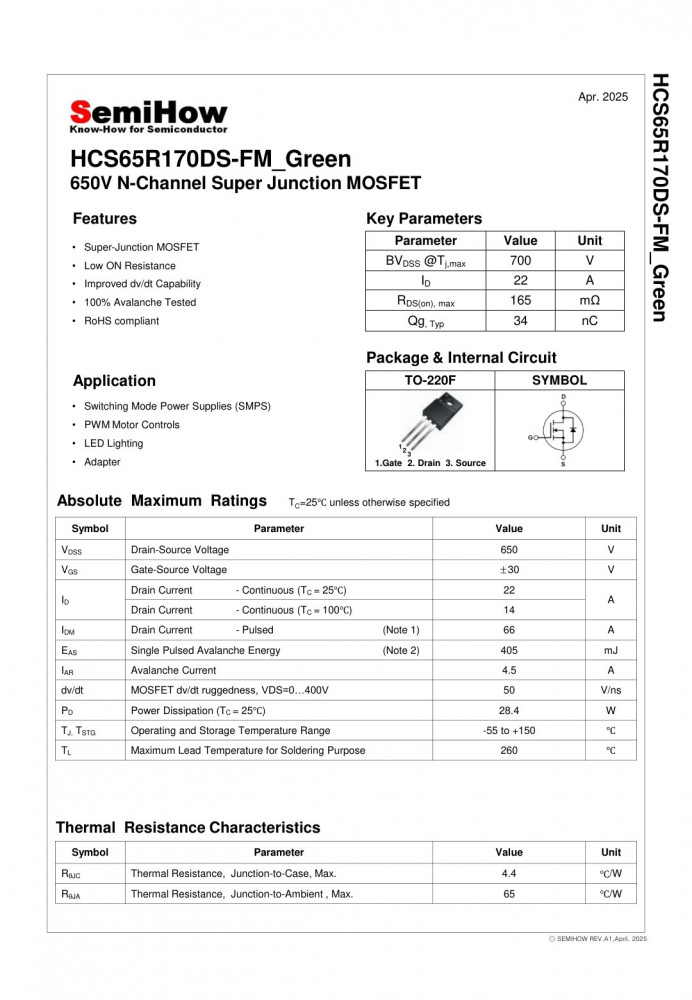 HCS65R170DS datasheet page 1
