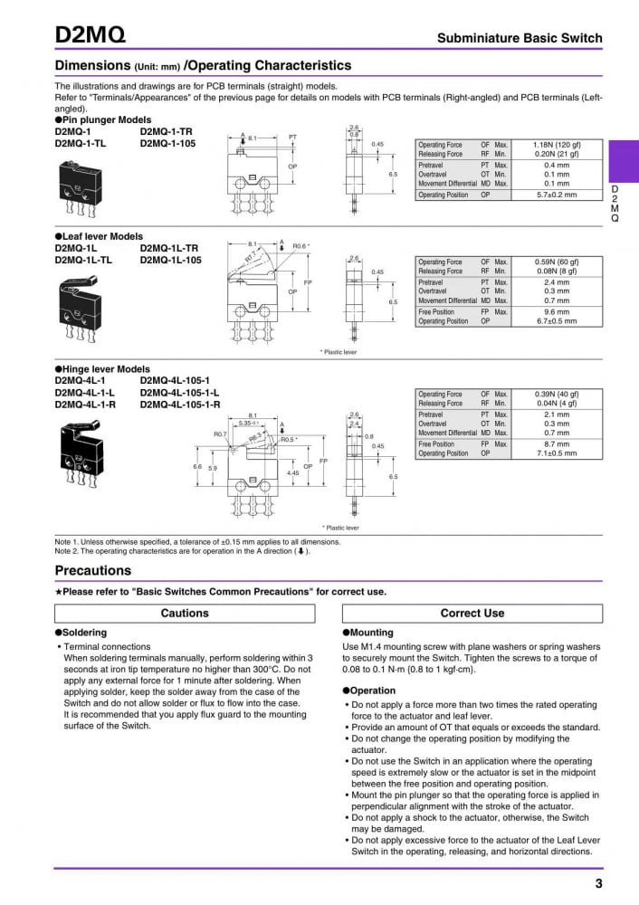 OMRON D2MQ-1L-TR terminal drawings