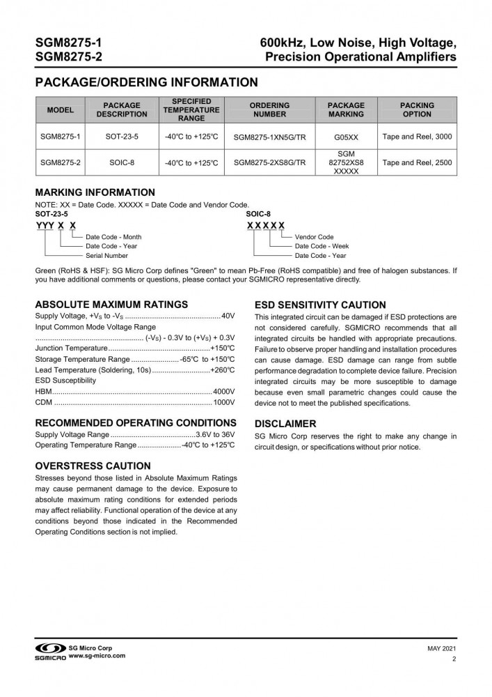 SGM8275 datasheet page 2