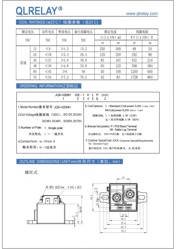 JQX-V200H technical datasheet page 2