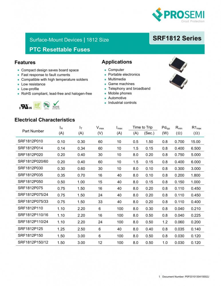 SRF1812 series datasheet page 1