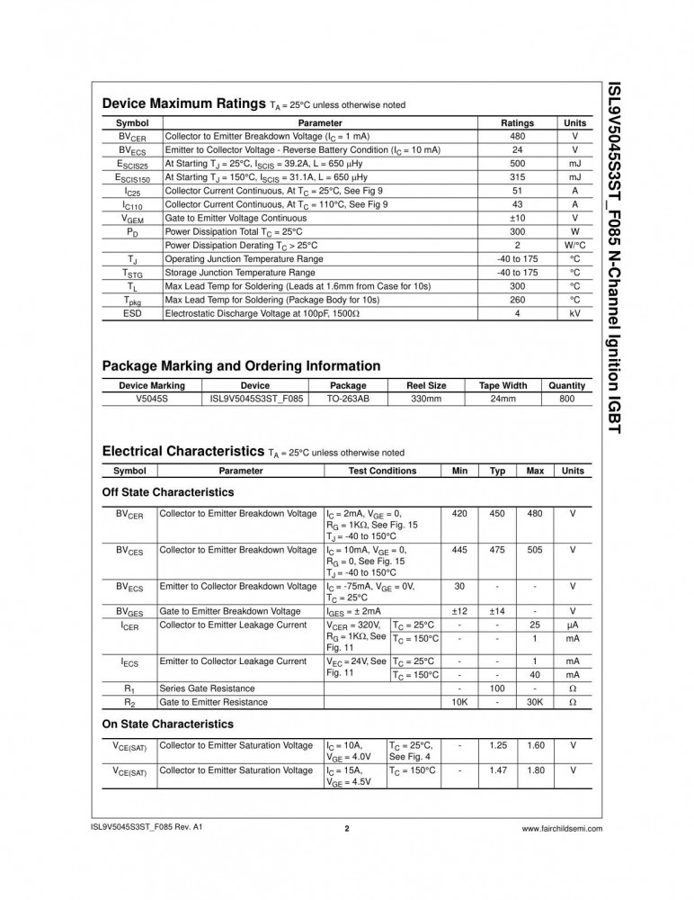 ISL9V5045S3ST-F085 datasheet page 3
