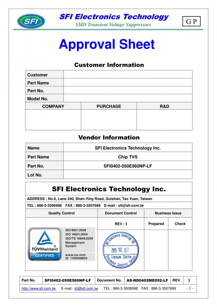 SFI0402-050E560NP-LF approval sheet page 1