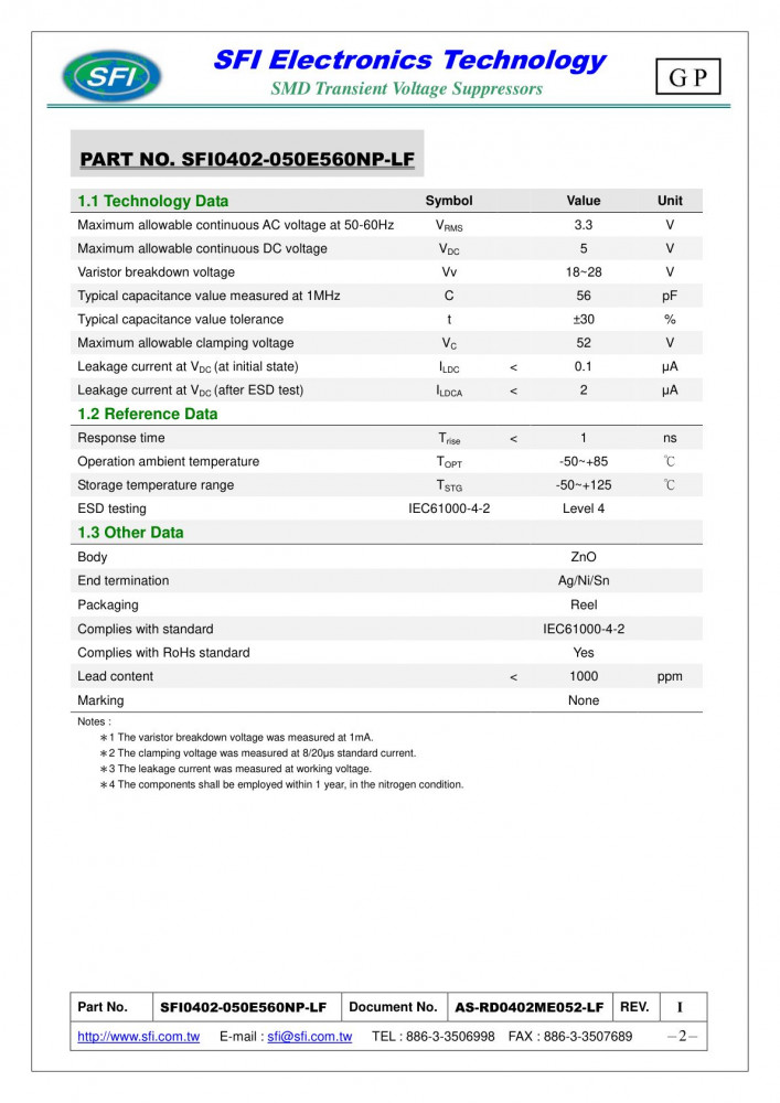SFI0402-050E560NP-LF approval sheet page 2