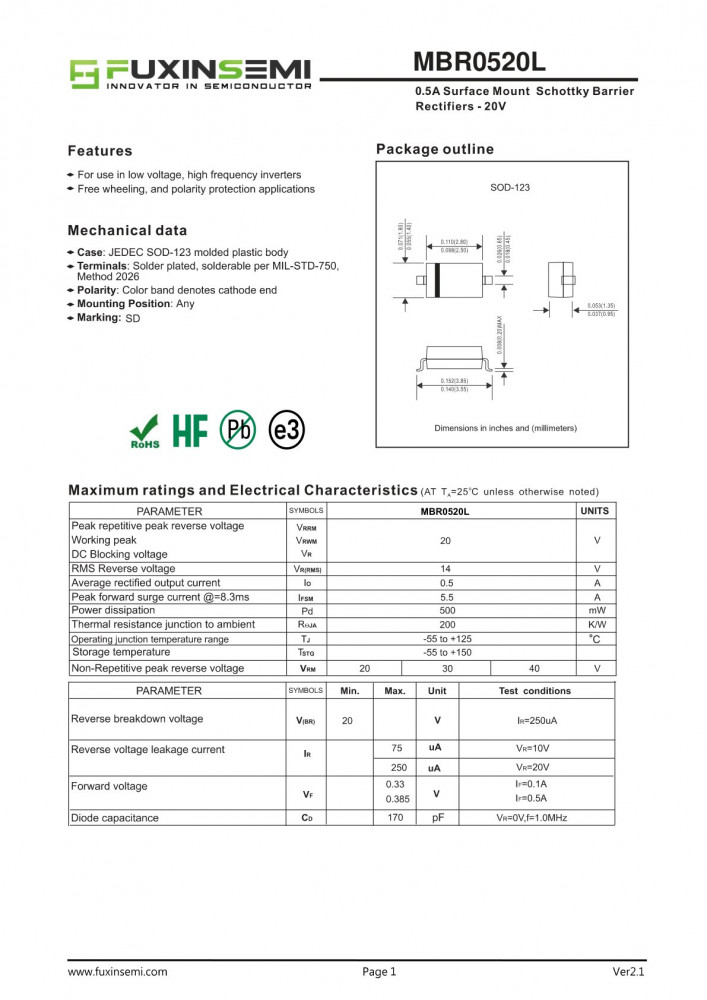 MBR0520L technical datasheet page 1