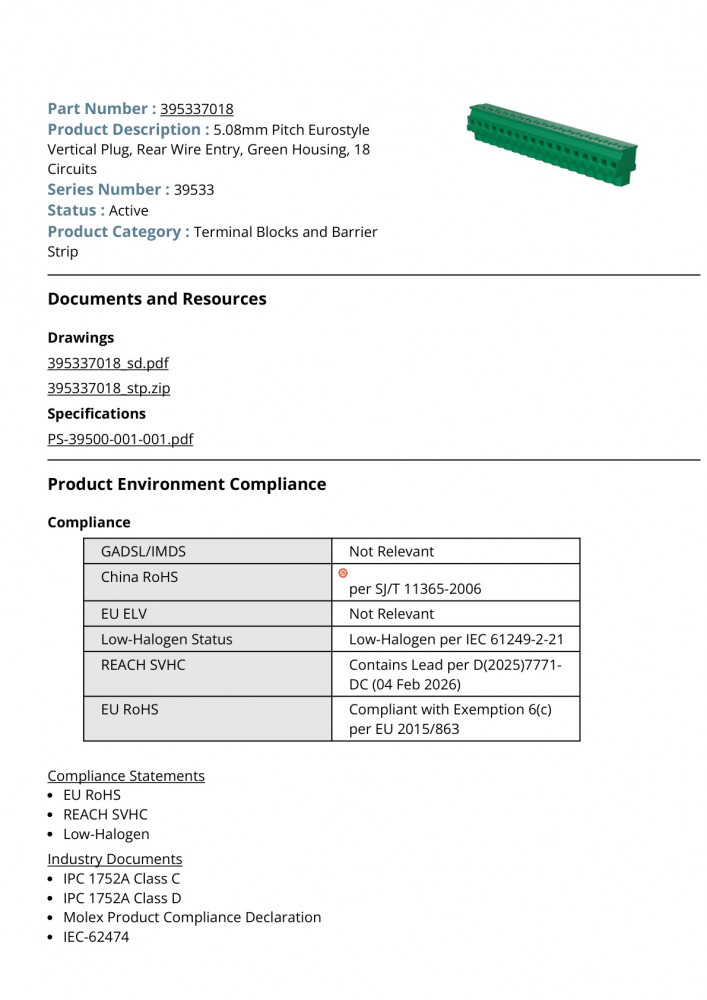 ESE Eurostyle Terminal Blocks product specification, page 1