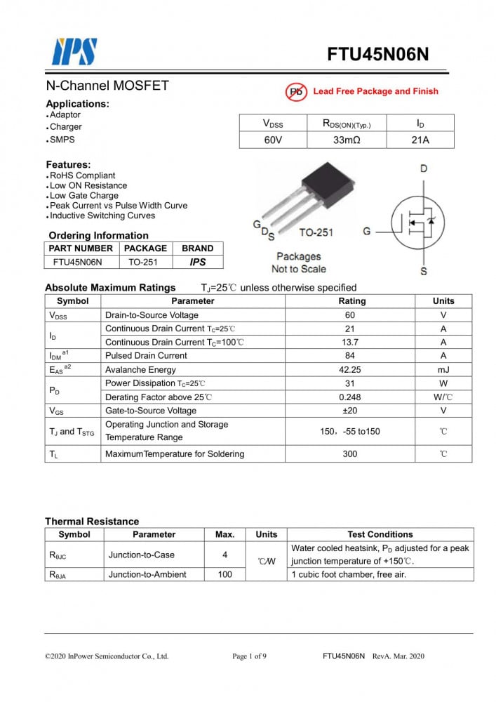 FTU45N06N datasheet page 1