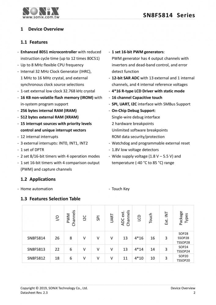 SN8F5814 datasheet page 2