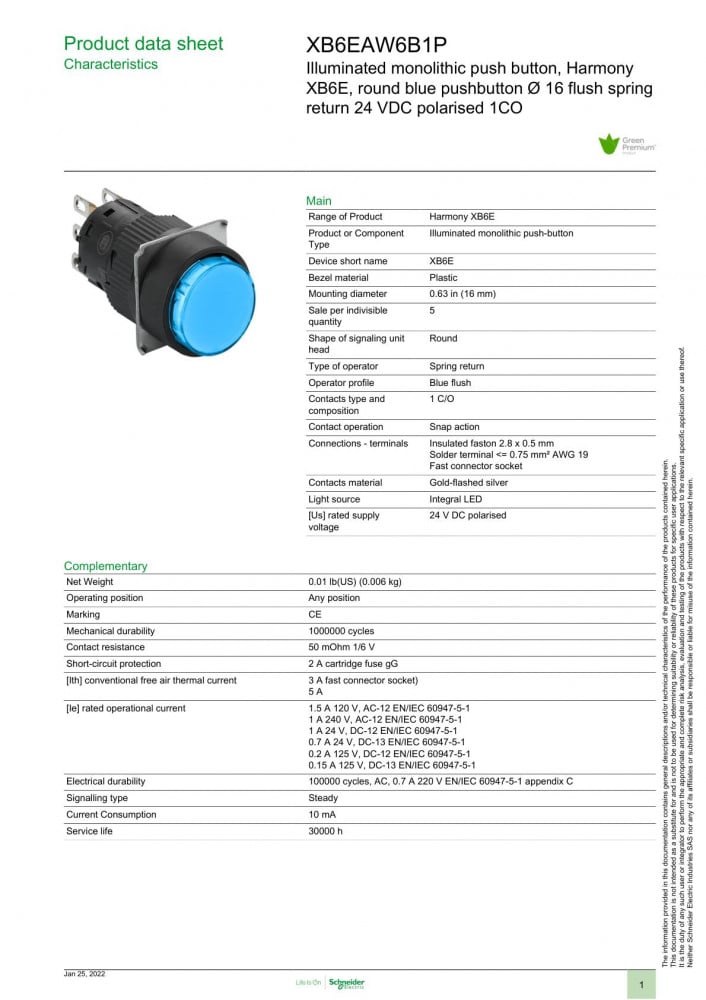 XB6EAW6B1P technical document page 1