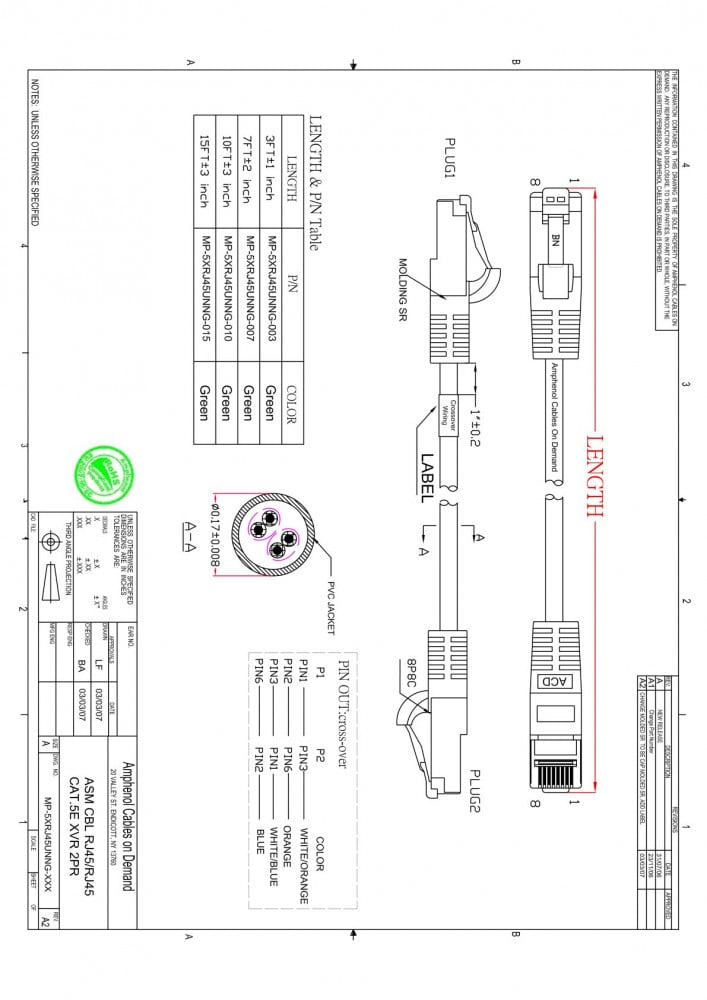 Amphenol MP-5XRJ45UNNG-007 technical drawing