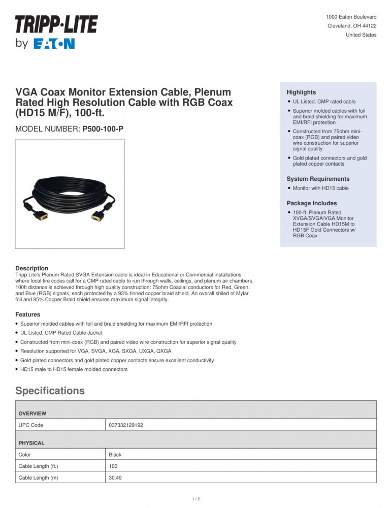 P500-100-P product document page 1