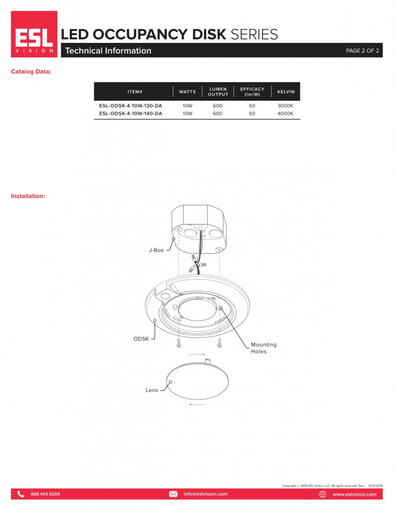 Technical document page 2 for ESL-ODSK-4-10W-140-DA