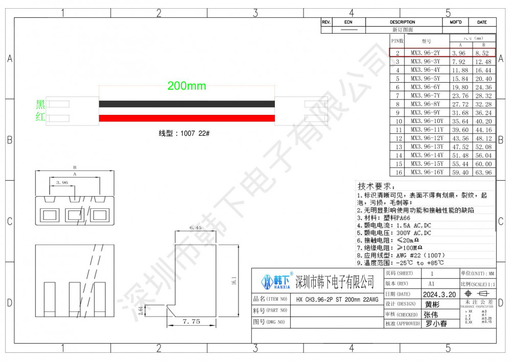 HX CH3.96-2P ST 200mm 22AWG technical drawing
