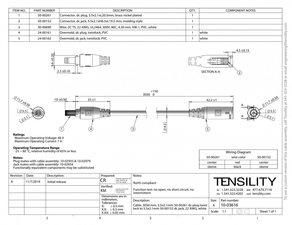 Tensility International 10-03616 cable assembly drawing