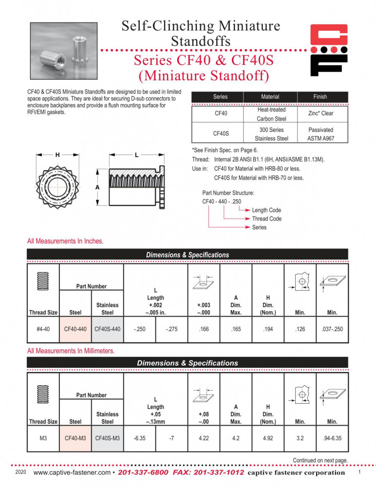 Captive Fastener CF40 and CF40S miniature standoff documentation, page 1