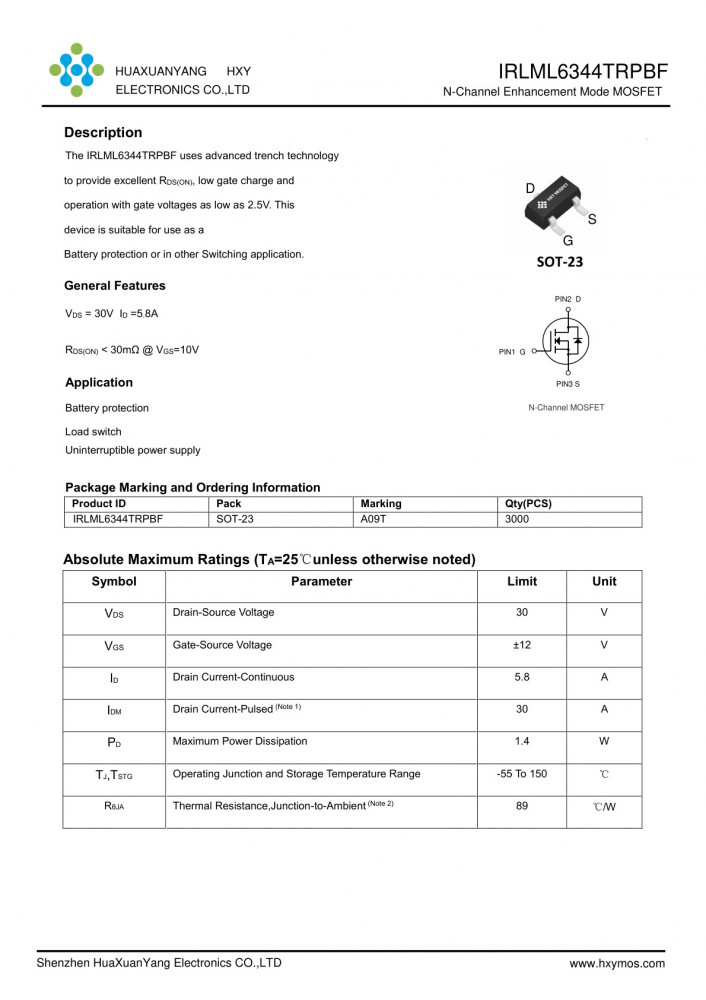IRLML6344TRPBF-HXY datasheet page 1