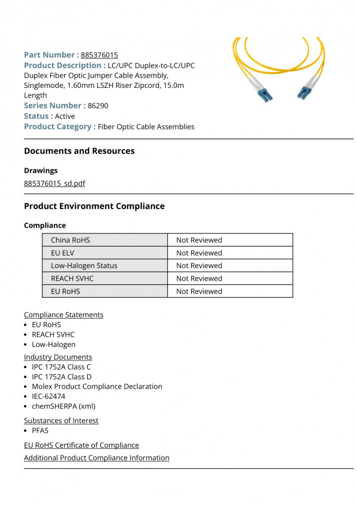 MOLEX 885376015 product drawing, page 1