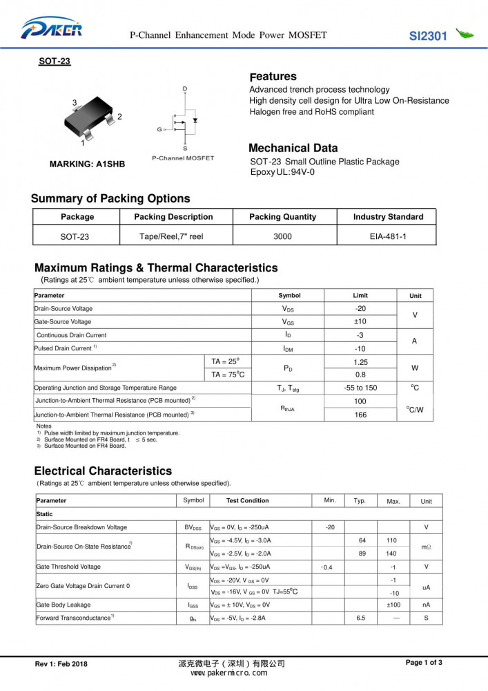 PAKER SI2301 datasheet page 1