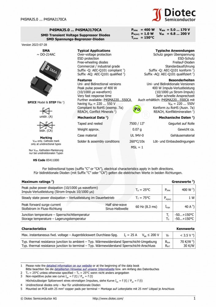 DIOTEC P4SMAJ series datasheet page 1