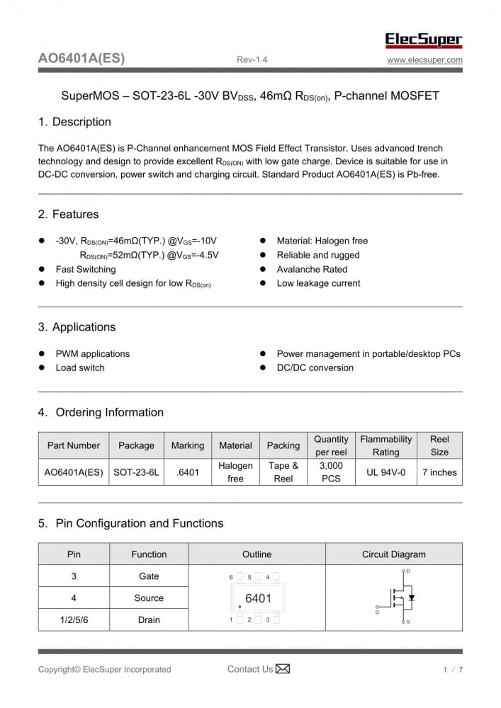 AO6401A(ES) datasheet page 1