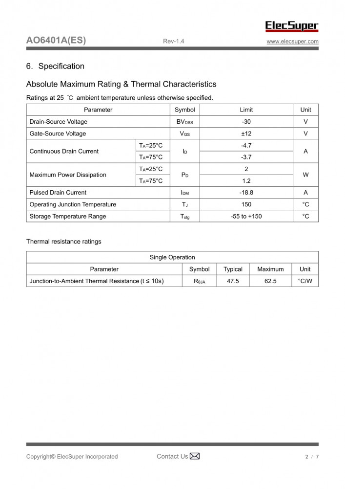 AO6401A(ES) datasheet page 2